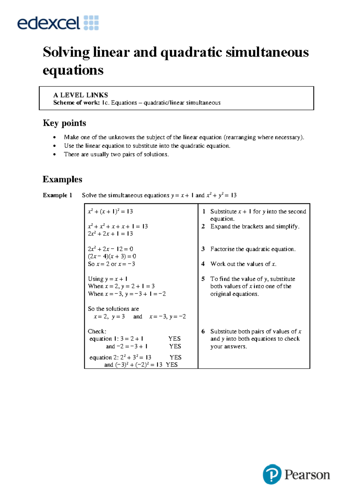 1c-2 A Level: Solving Linear & Quadratic Simultaneous Equations - Studocu