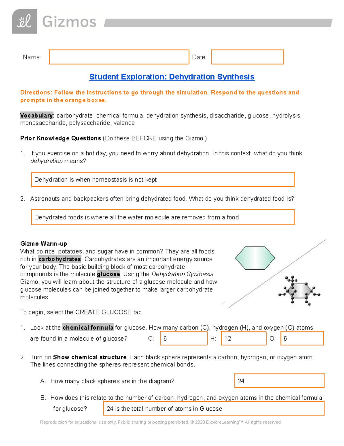 Dehydration Synthesis Gizmo Worksheet - Name: Date: Student Exploration ...