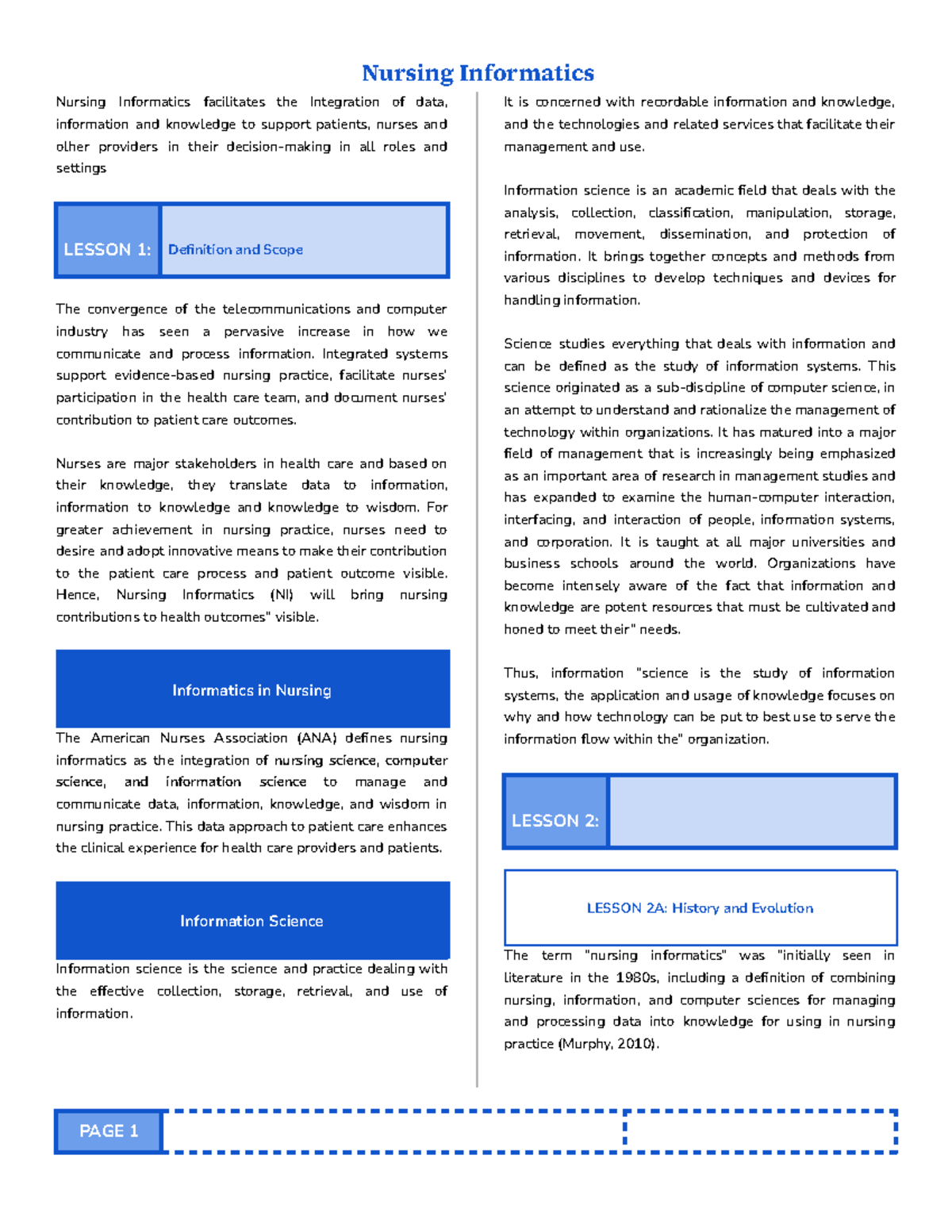 Nursing Informatics: Lessons on Data Integration and Management - Studocu