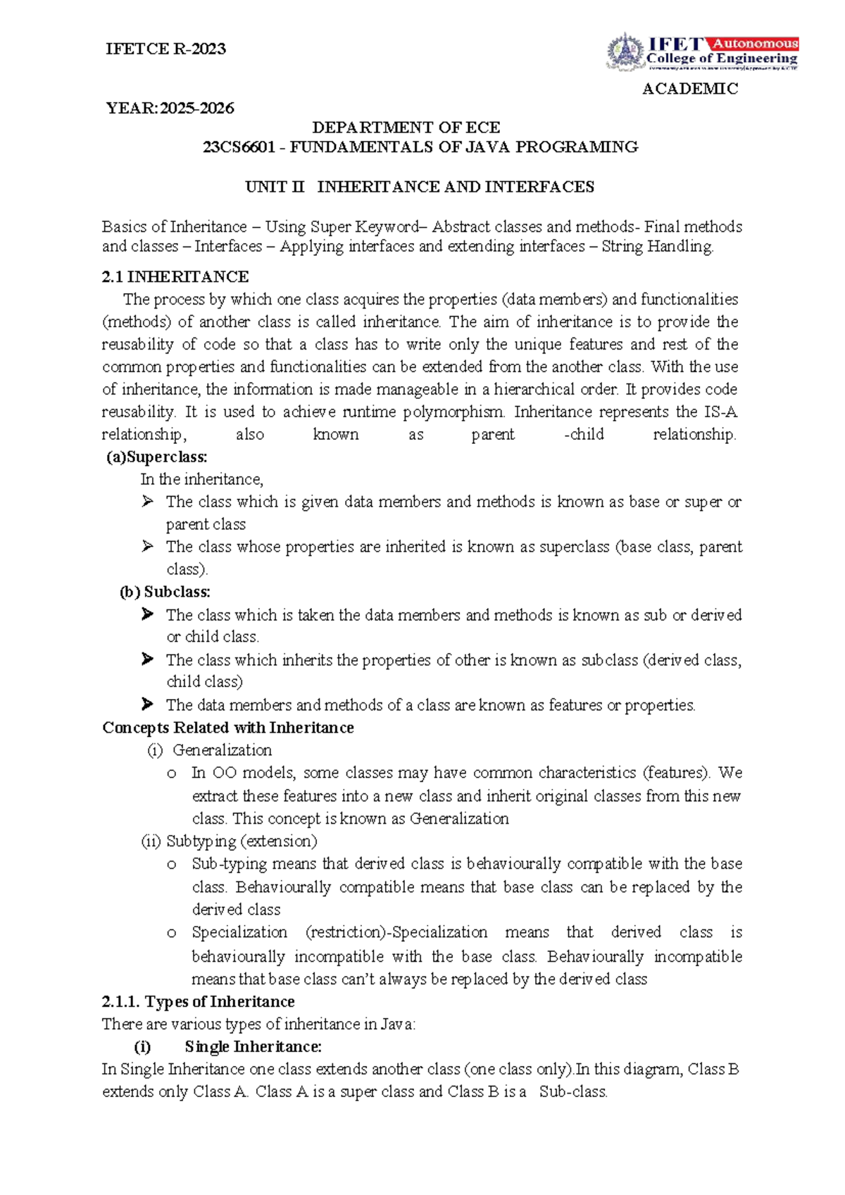23CS6601 Fundamentals of Java Programming: Unit II - Inheritance & Interfaces - Studocu