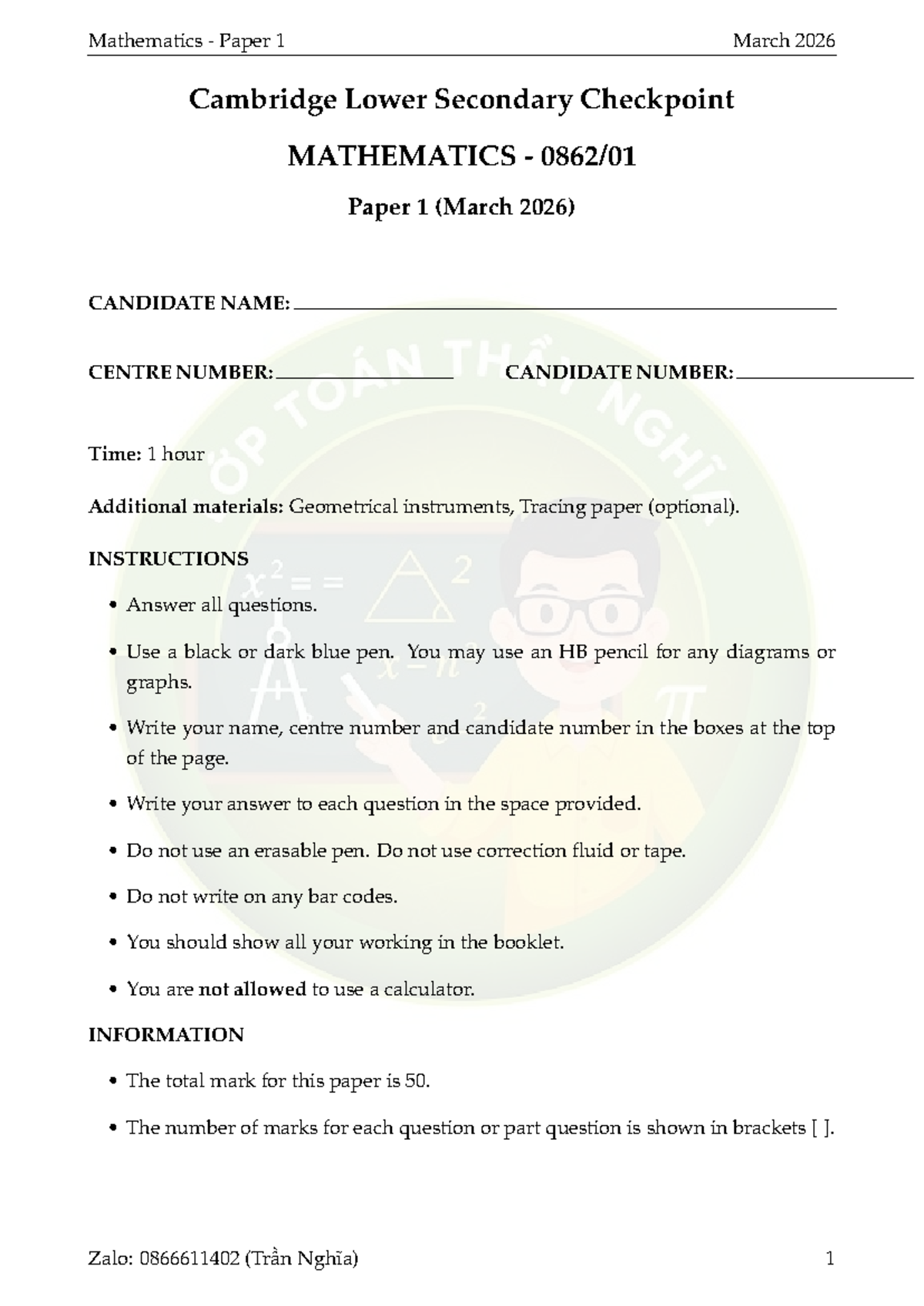 Cambridge Lower Secondary Checkpoint Mathematics Paper 1 - March 2026 ...