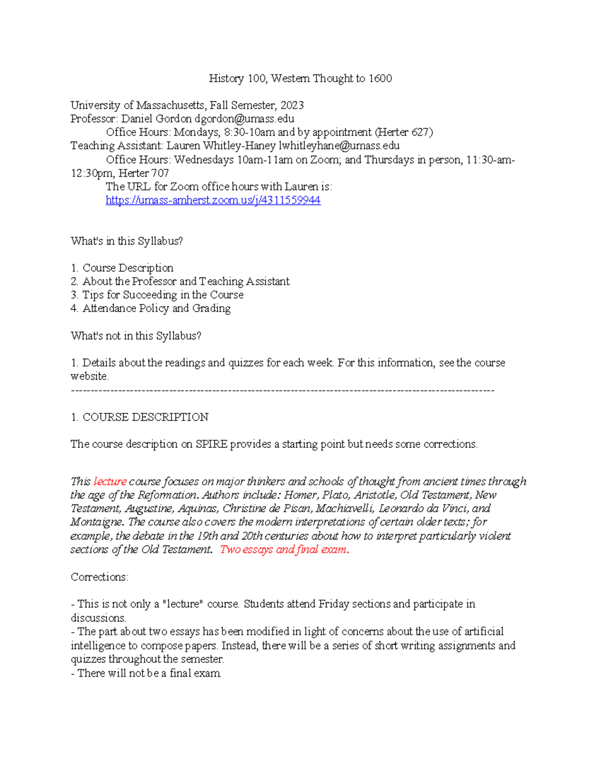 Hist 100: Syllabus for Western Thought to 1600 - Fall 2023 - Studocu
