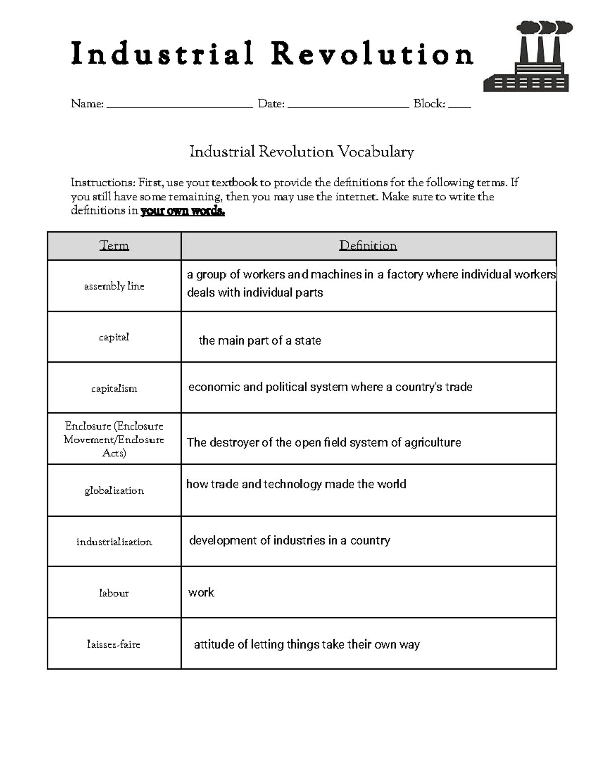 Industrial Revolution Vocabulary Worksheet - Kami Export - Studocu