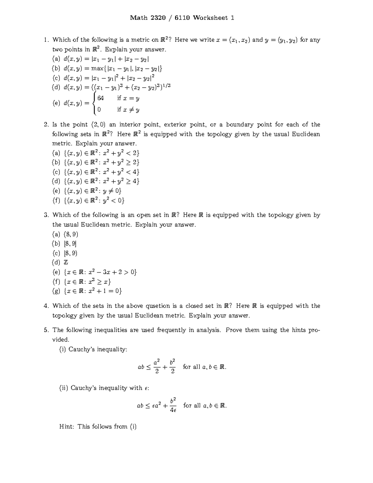 Math 2320 6110 Worksheet 1: Metrics and Topology in R² - Studocu
