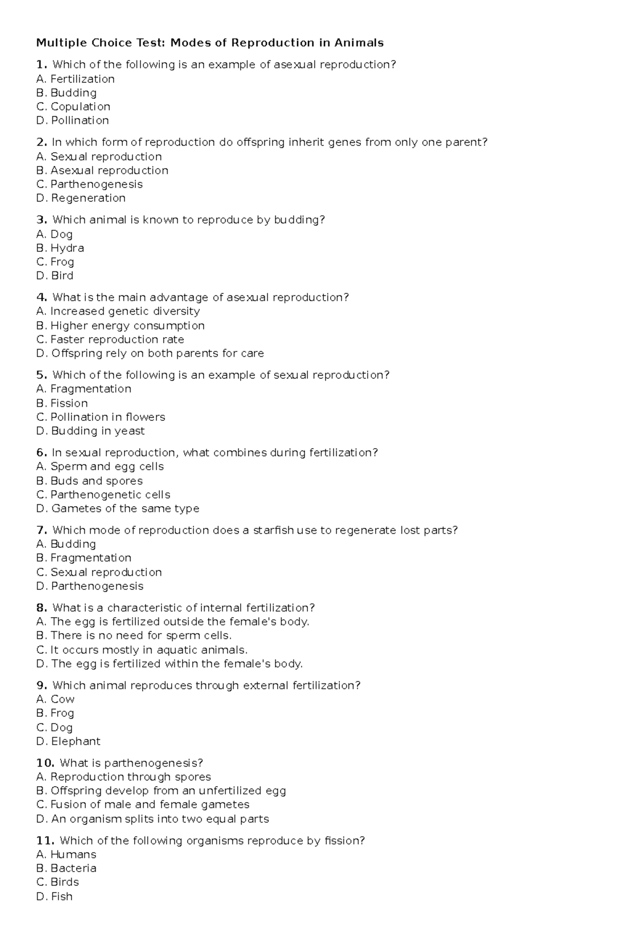 Science - Animals - Save. - Multiple Choice Test: Modes of Reproduction ...