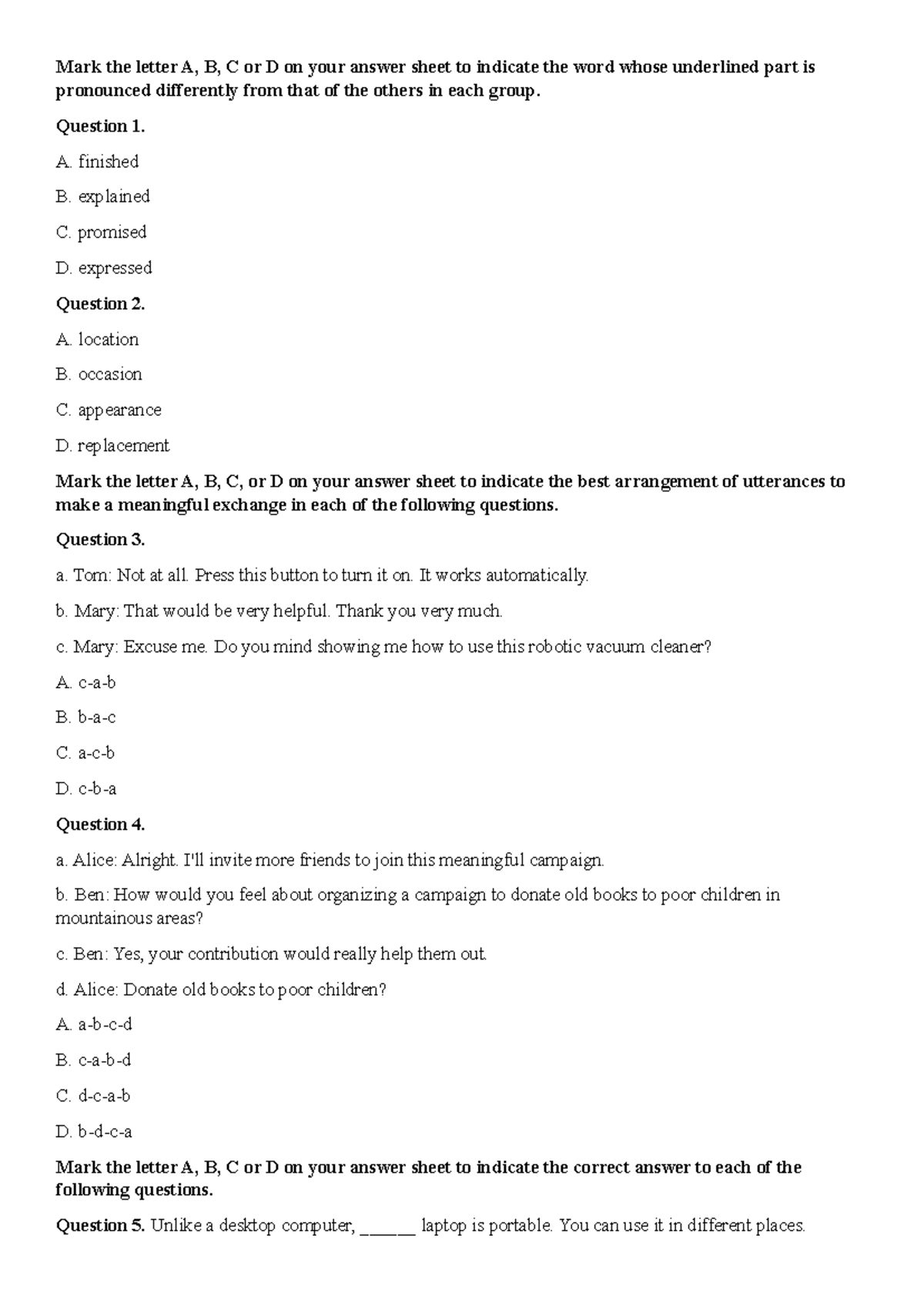 English Language Quiz: Pronunciation, Grammar, and Comprehension - Studocu