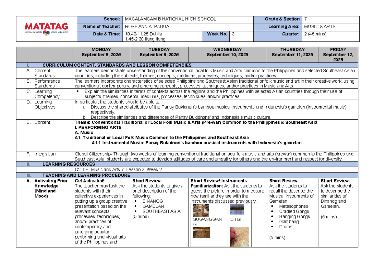 Q2 DLL Music ARTS 7 Lesson Plan: Week 2 on Folk Music & Arts - Studocu