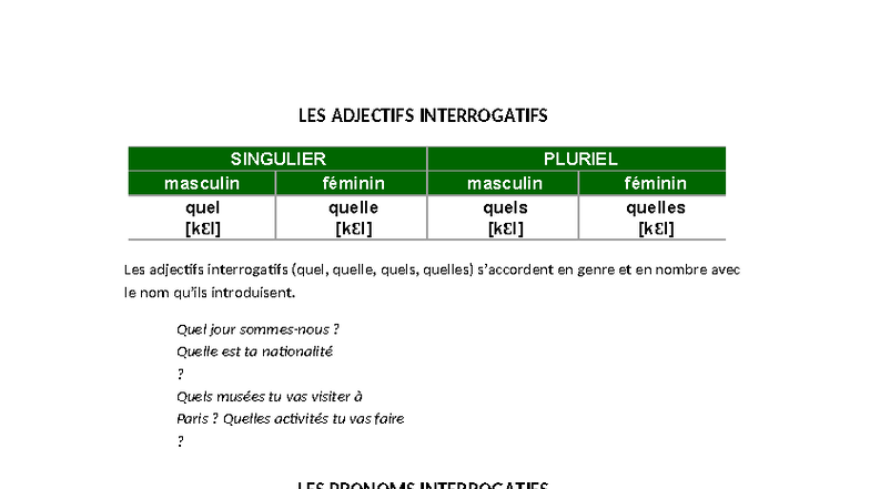 Exercices sur les Adjectifs et Pronoms Interrogatifs - 4 - Studocu
