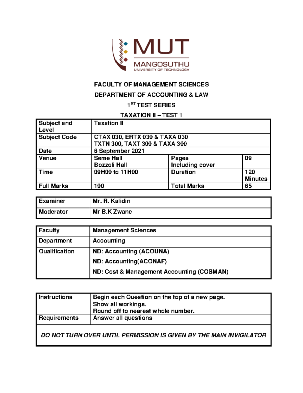 Taxation II - Test 1 (CTAX 030, ERTX 030) September 2021 Exam Notes ...