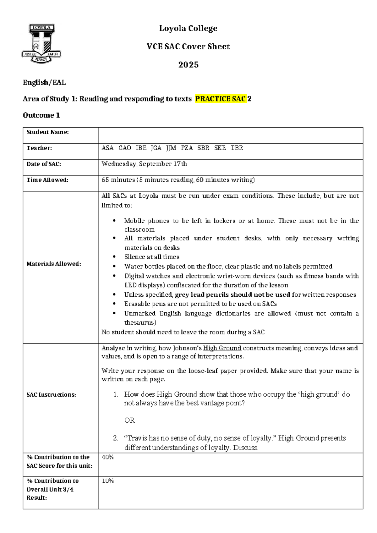 2025 12ENG Practice SAC 2: High Ground Text Response Analysis - Studocu