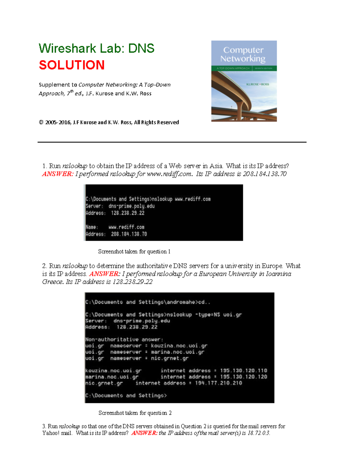 Wireshark Dns Solution V7 Wireshark Lab Dns Solution Supplement To Computer Networking A
