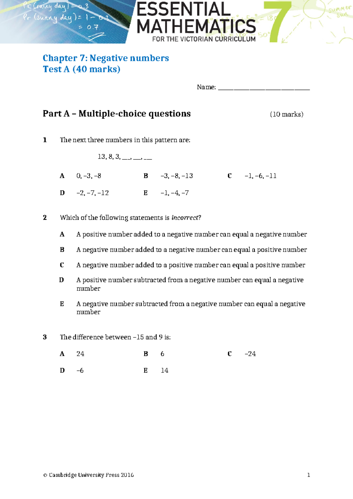 Integers Test A: Chapter 7 Negative Numbers (40 Marks) - Studocu