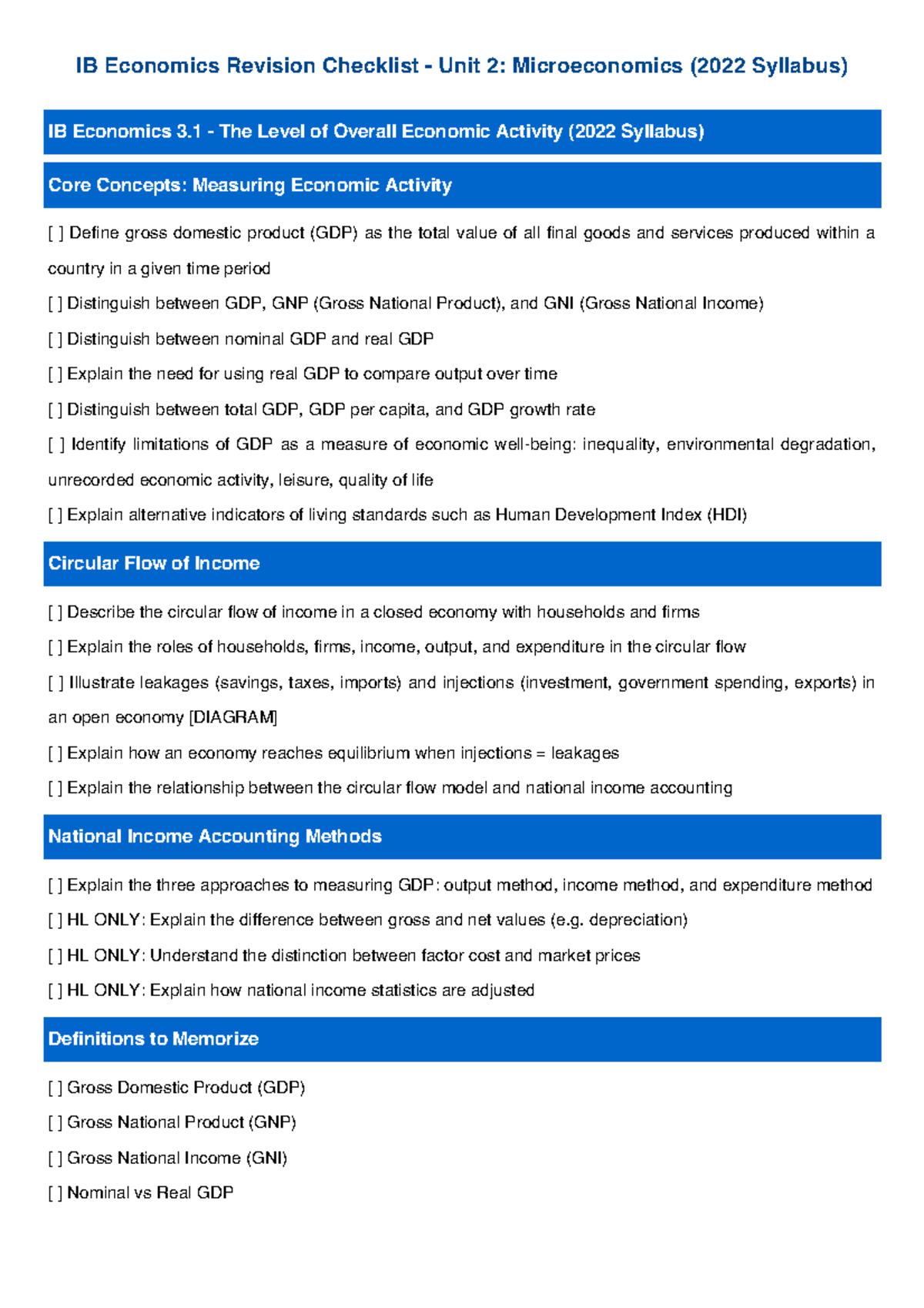 IB Economics Unit 3 Master Revision Checklist (2022 Syllabus) - Studeersnel