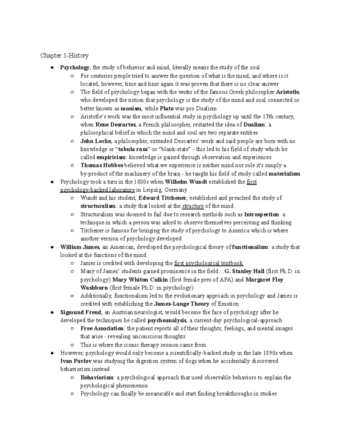 Intro to Psychology - Unit 1 notes - Chapter 1-History Psychology, the ...