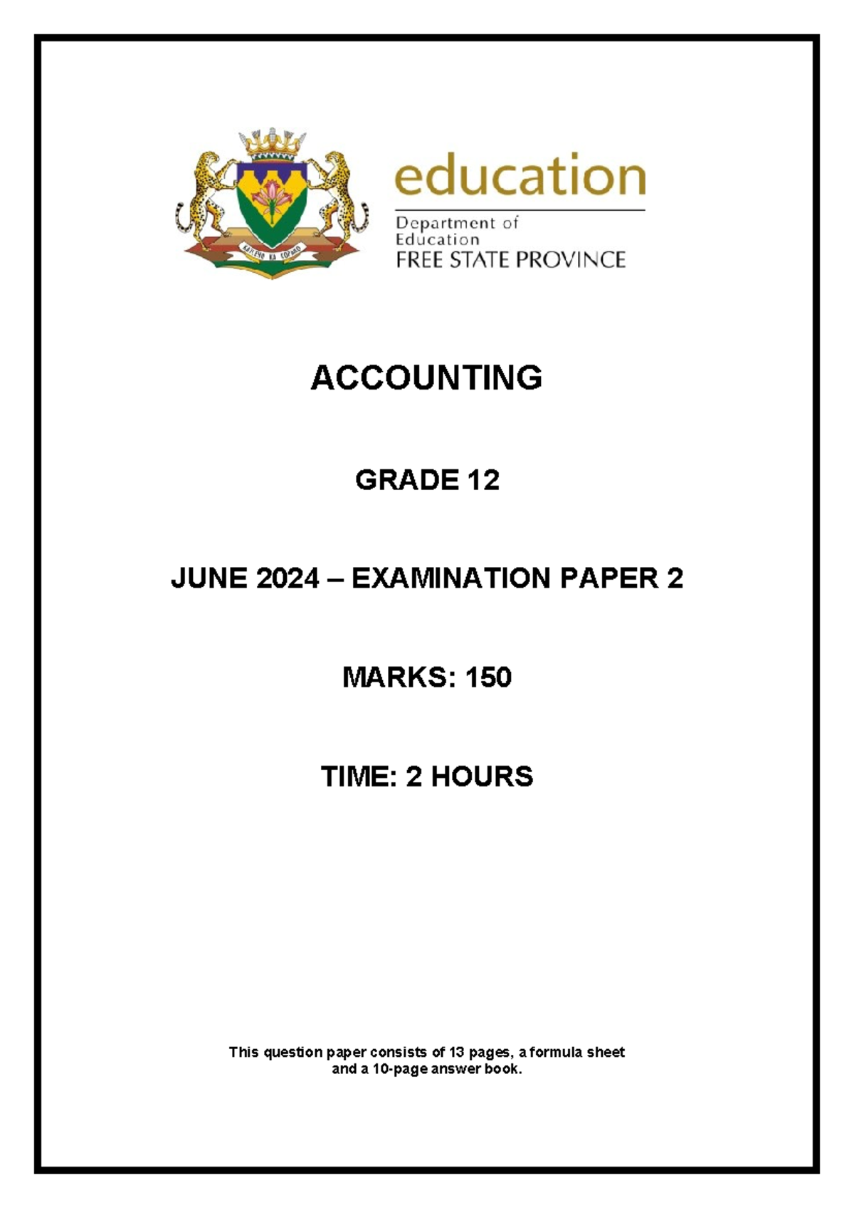 Grade 12 Acc P2 June 2024 Examination Paper - 150 Marks, 2 Hours - Studocu