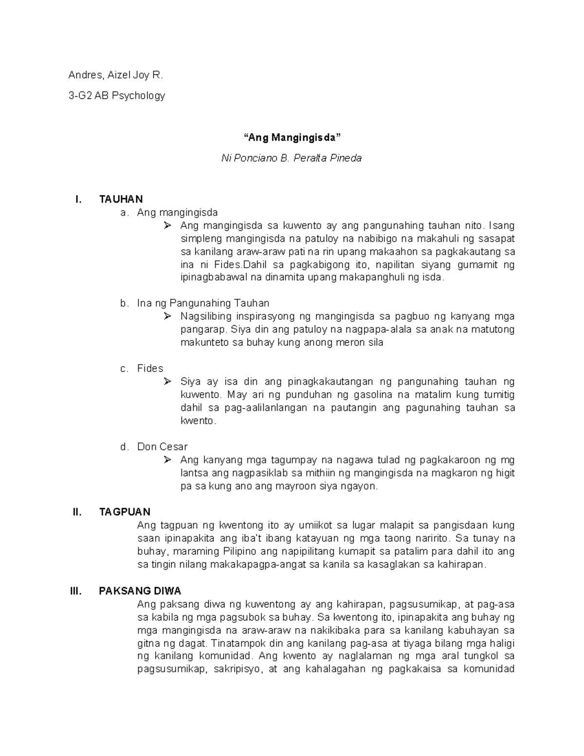 Ang Mangingisda: Pagsusuri ng Tauhan at Tema - AB Psy 3-G2 - Studocu