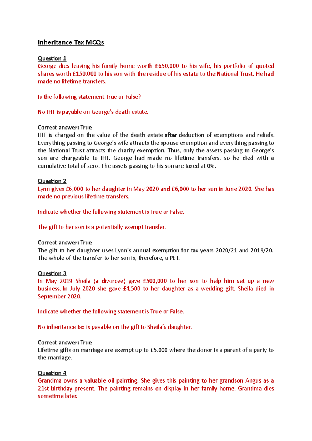 LPC WILLS PRACTICE MCQs - Inheritance Tax Scenarios & Solutions - Studocu