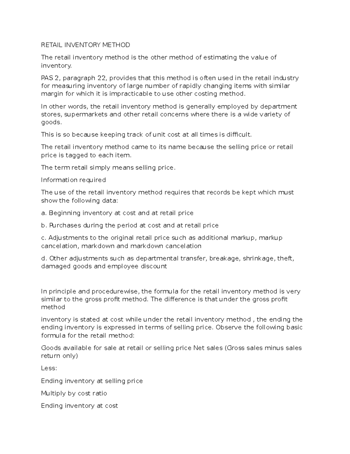 Retail Inventory Method: Key Concepts and Calculation Strategies - Studocu