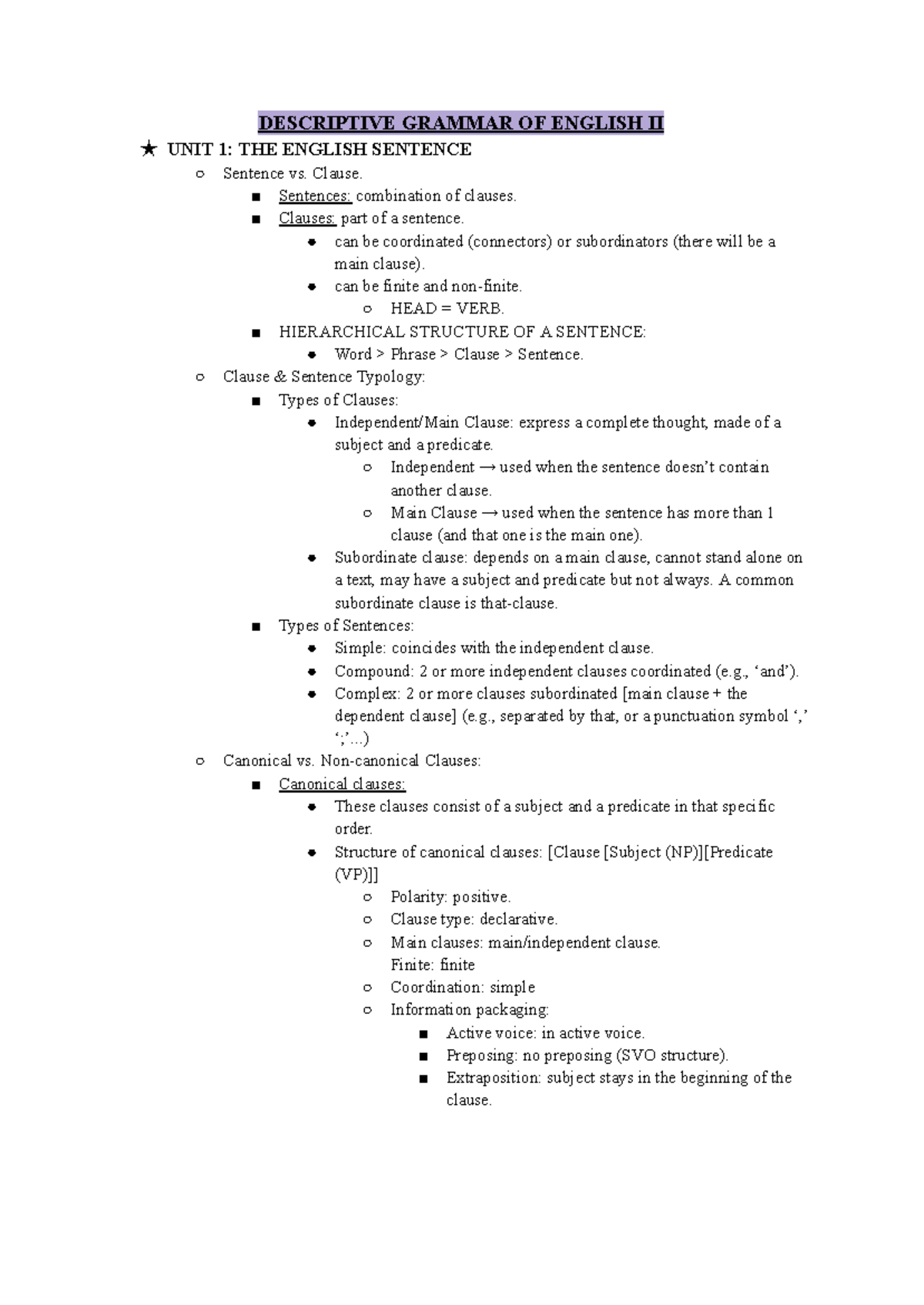 DESCRIPTIVE GRAMMAR OF ENGLISH II: UNIT 1 & 2 NOTES - Studocu