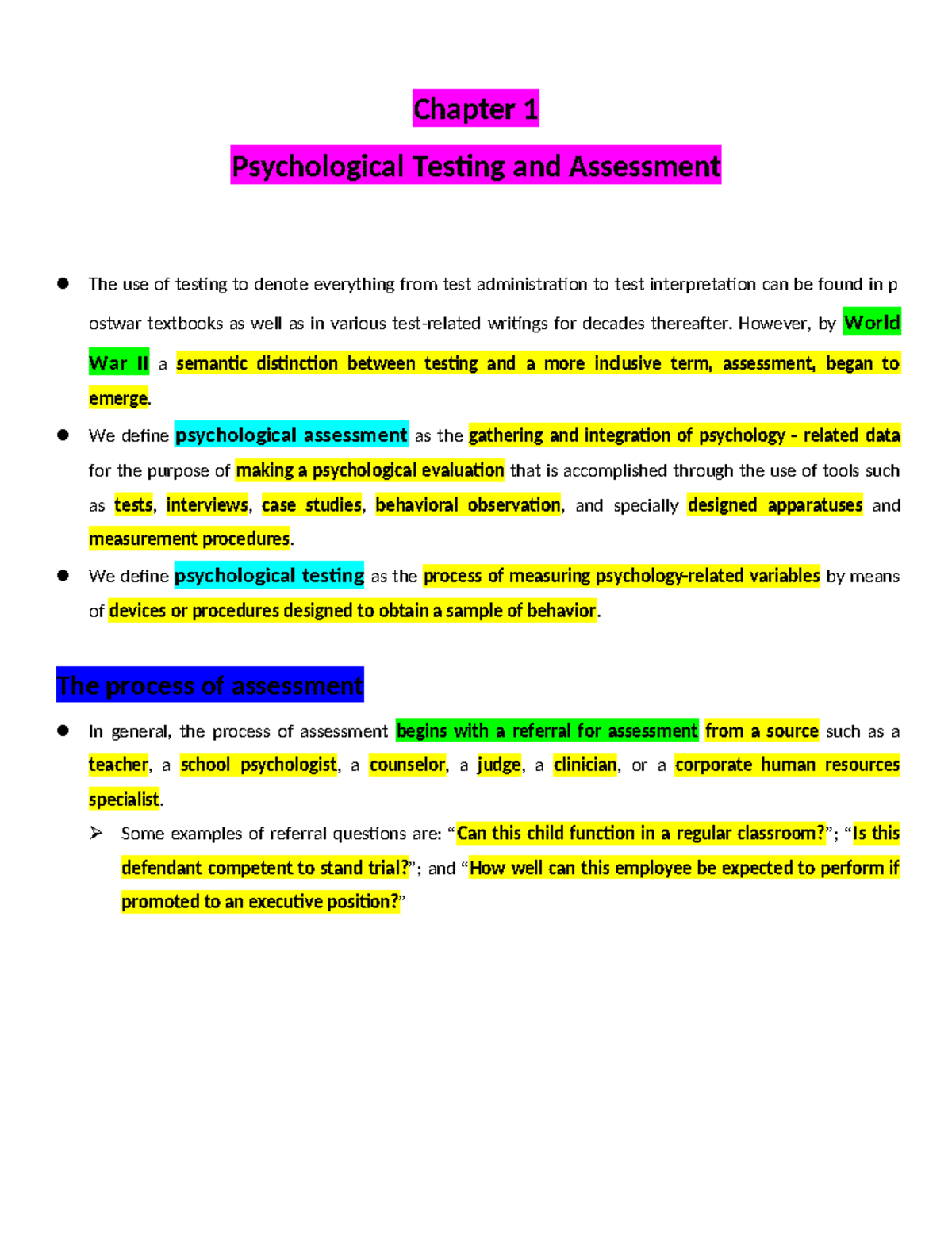 Chapter 1: Psychological Testing and Assessment Overview (PSY 101 ...