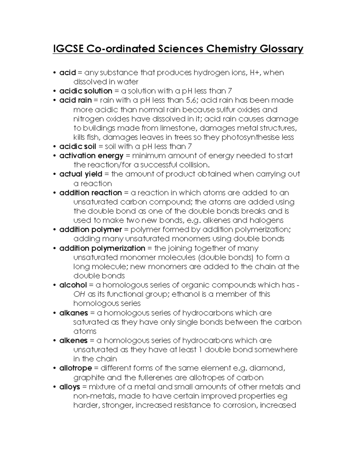 IGCSE Chemistry Glossary: Key Terms and Definitions for Exam Prep - Studocu