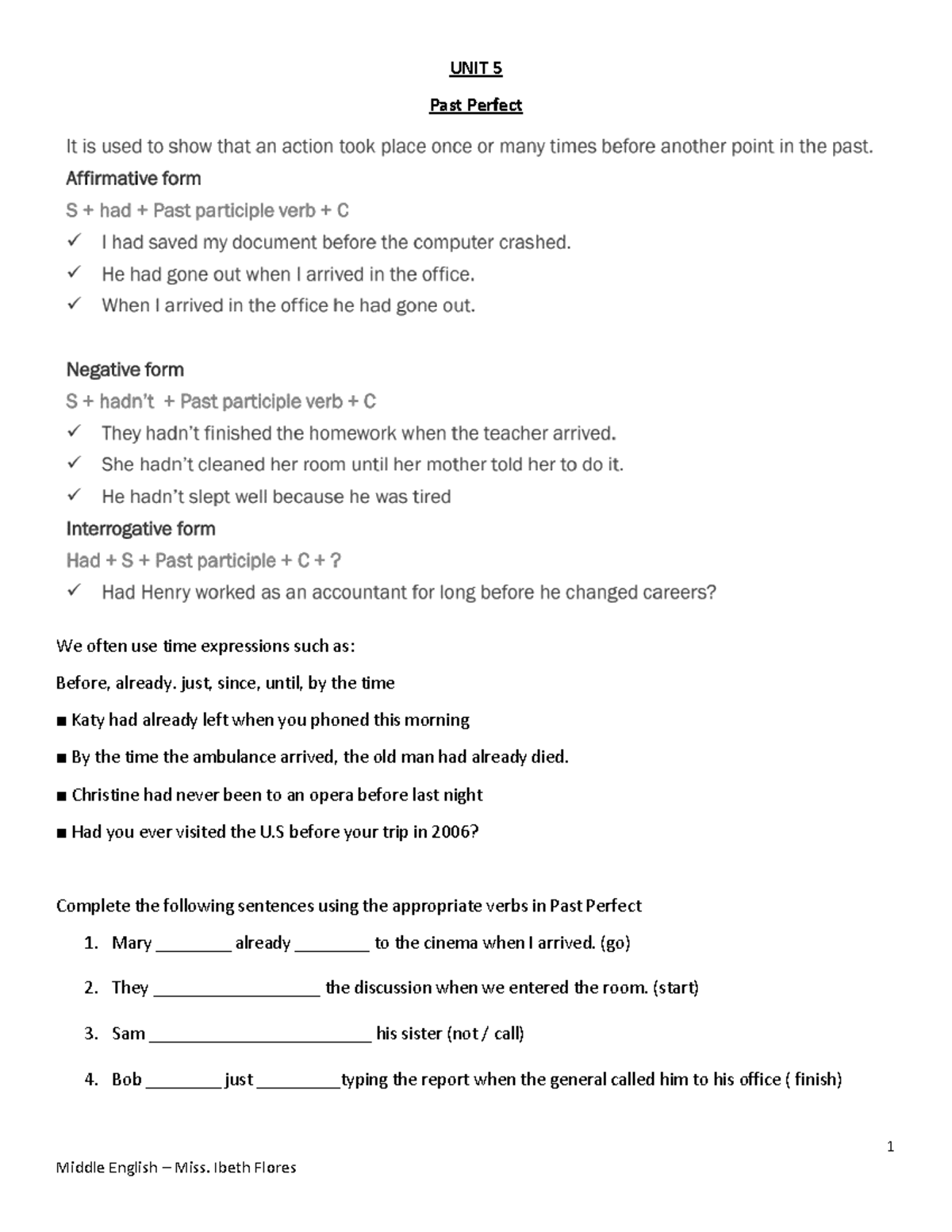 Middle English UNIT 5: Past Perfect Tense Exercises and Reflections - Studocu