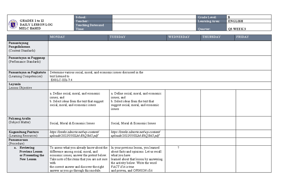 ENGLISH 8 DLL MELC BASED DAILY LESSON LOG Q3 WEEK 3 - Studocu