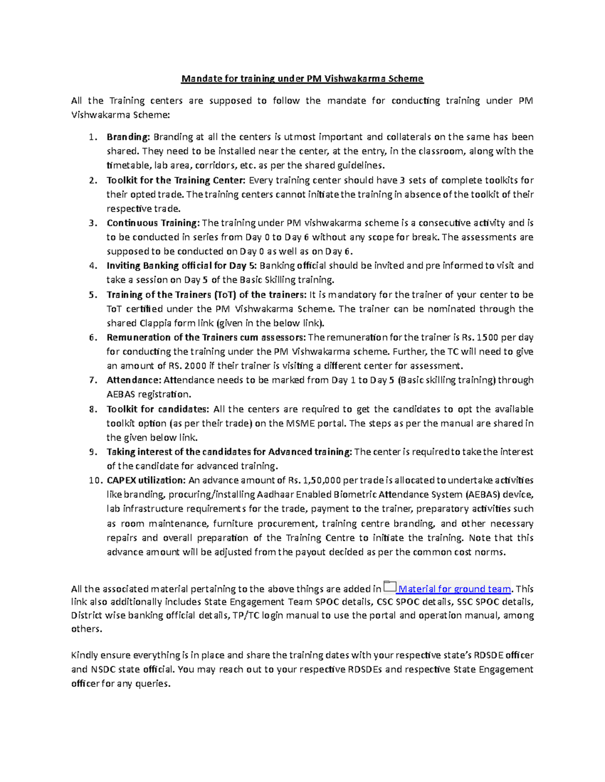Mandate for Training Centers under PM Vishwakarma Scheme - Studocu