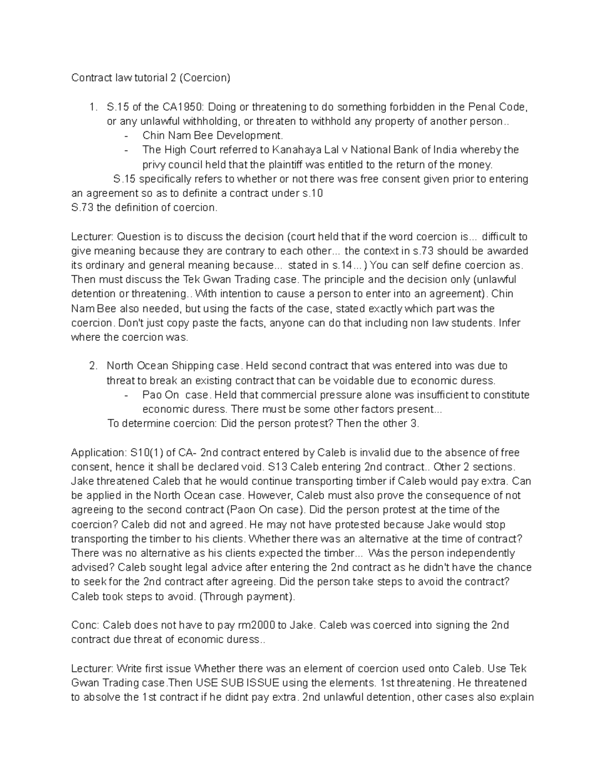 Contract Law Tutorial 2: Coercion & Economic Duress Analysis - Studocu