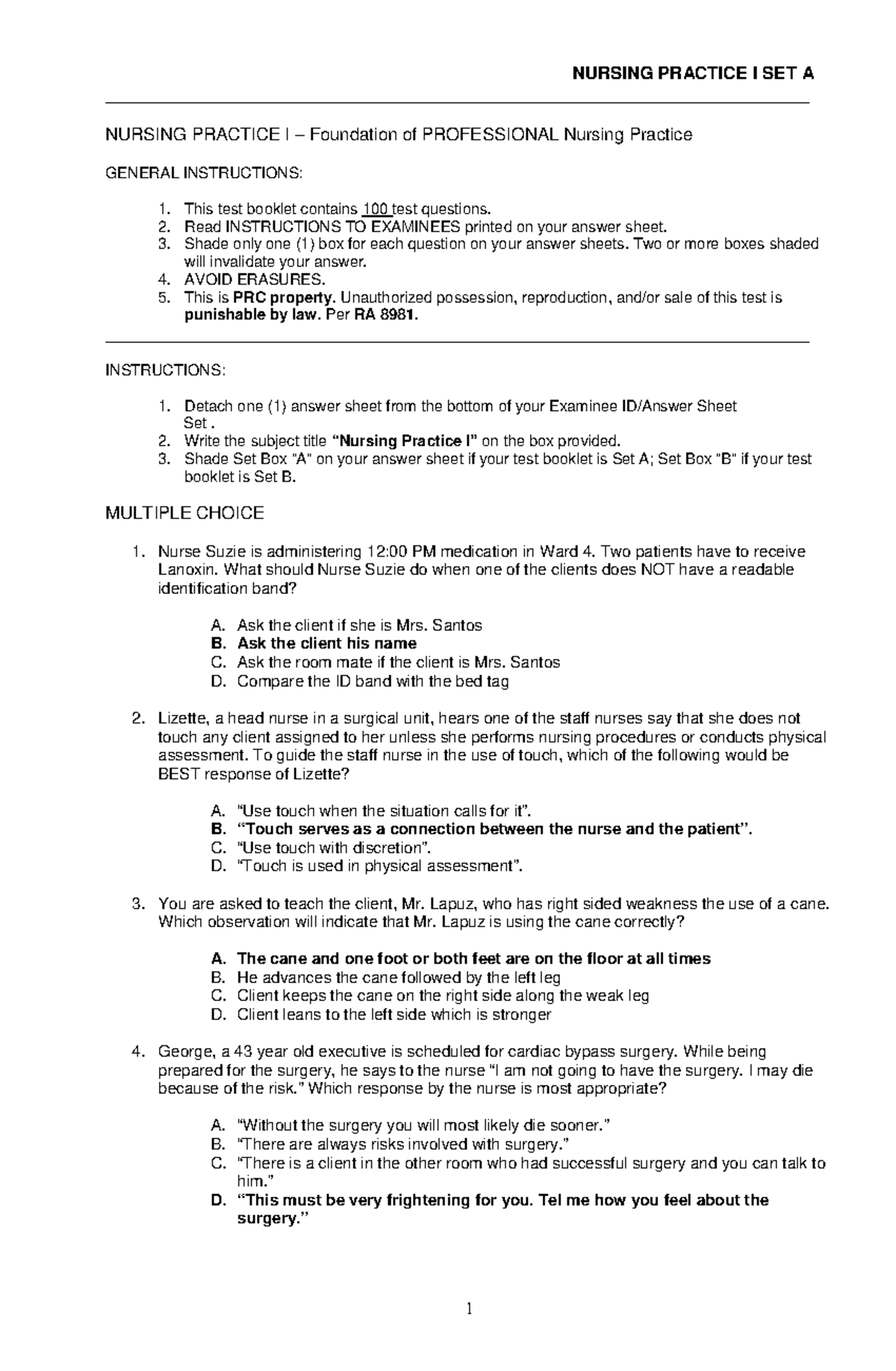 Nursing Practice I Compilation Exam - Set A Review Materials - Studocu