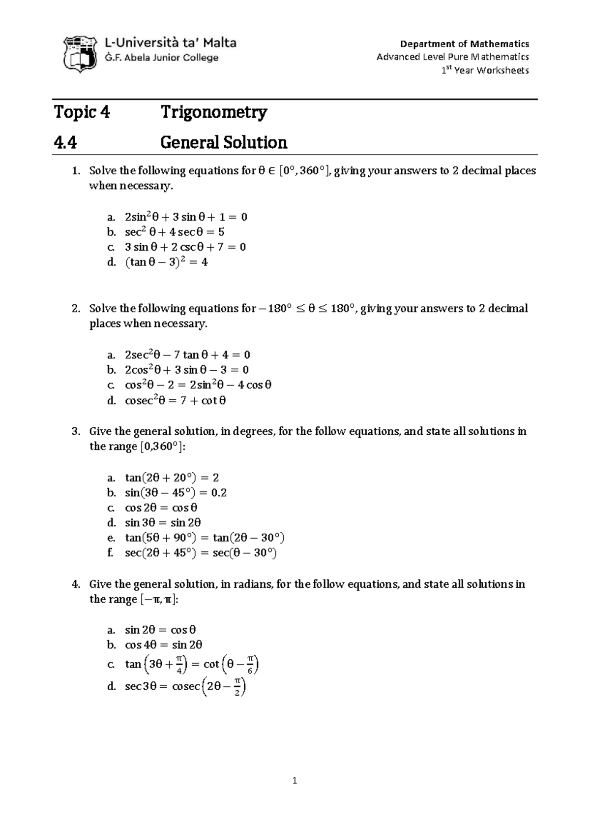 Trig 4 - General Solutions for Advanced Level Mathematics - Studocu