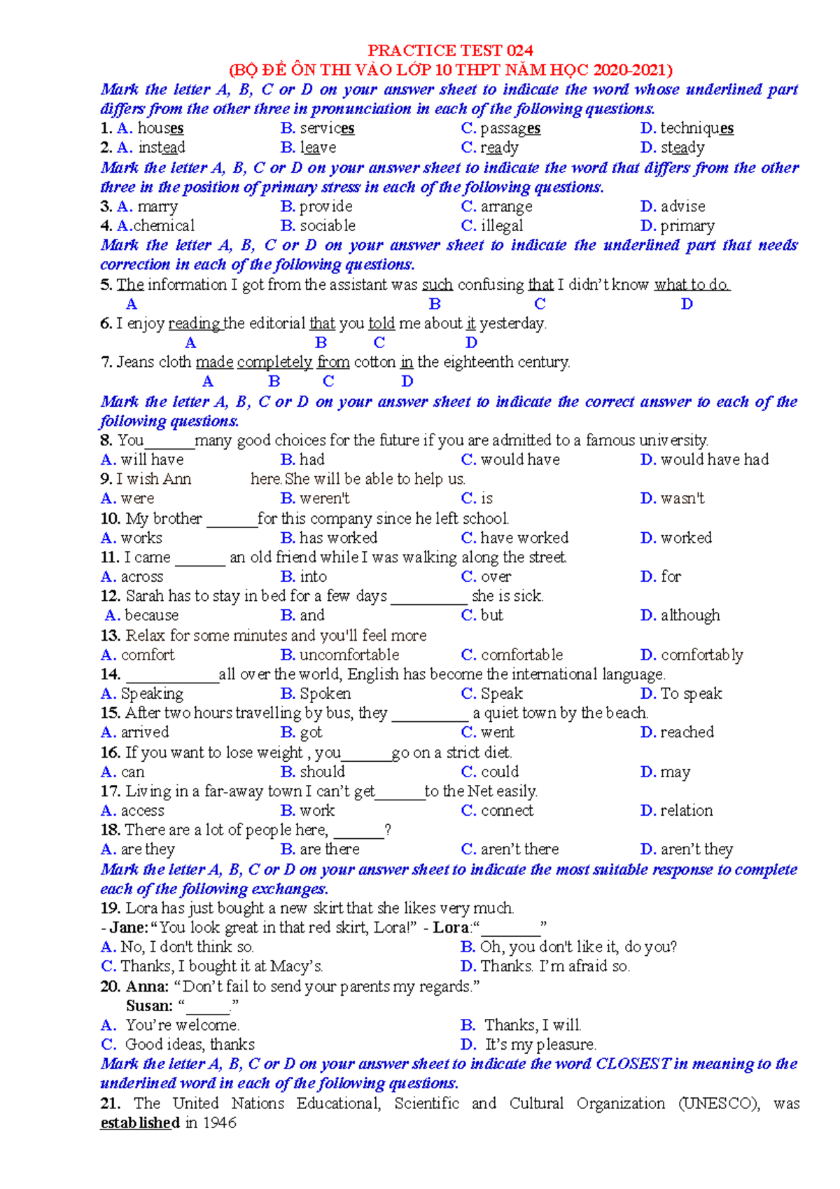 Practice Test 024 - Essential Preparation for Grade 10 Entrance Exam ...