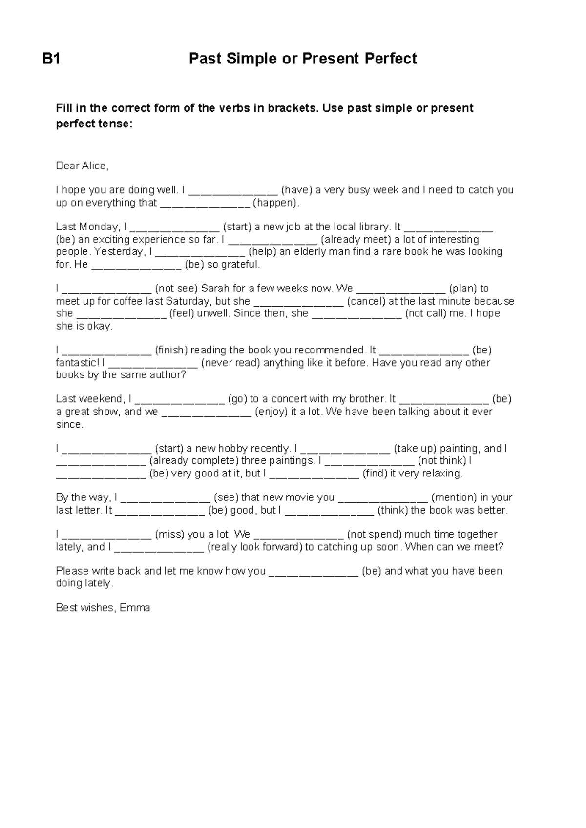 B1. Past Simple vs Present Perfect: Letter to Alice - Studocu