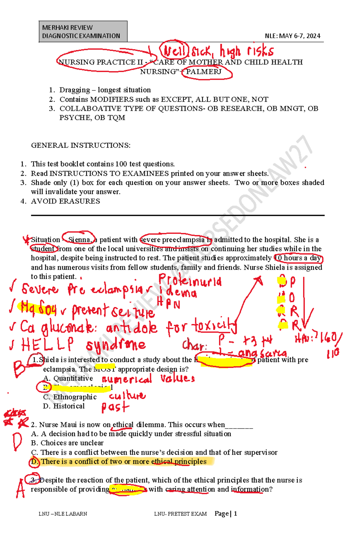 Nursing Practice II (697644653) Diagnostic Exam NLE: Care of Mother ...