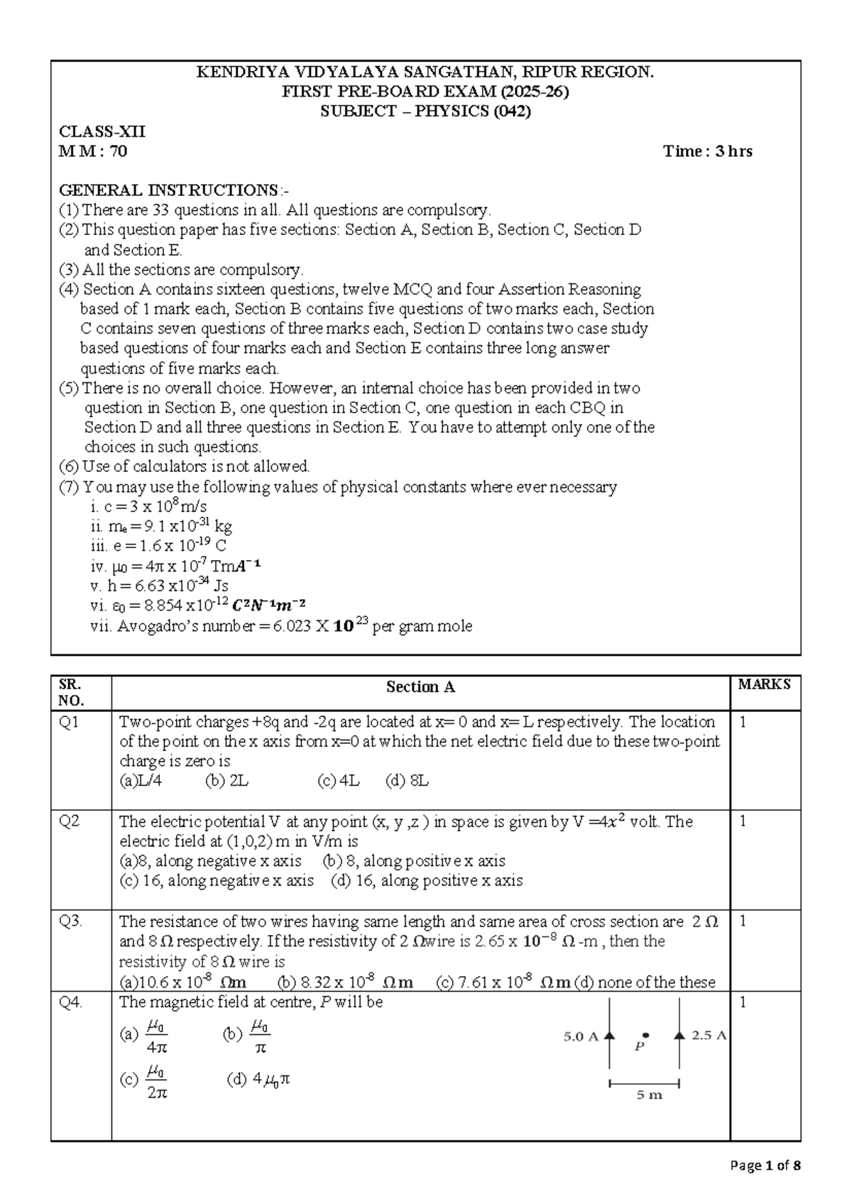 QP Physics XII I PB - First Exam (042) Question Paper - Studocu