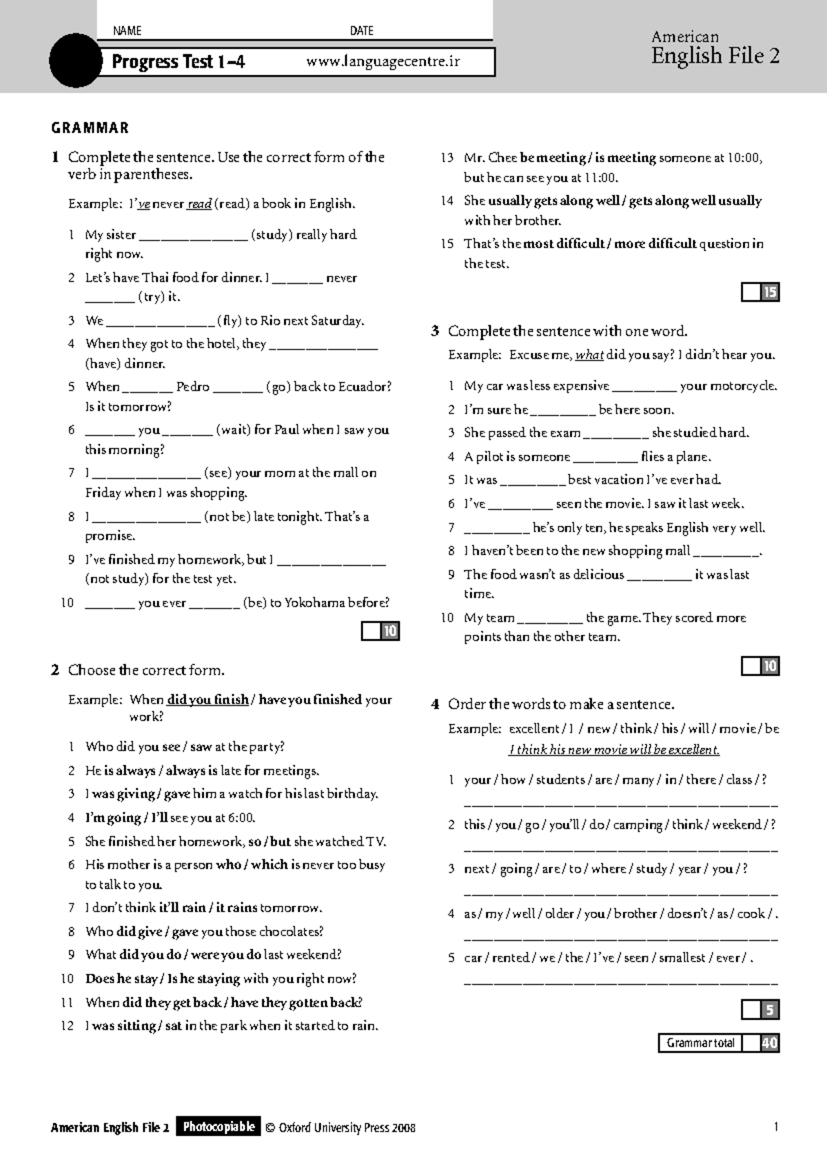 AEF2 - Progress Test - Units 1 to 4 - American English File - Studocu
