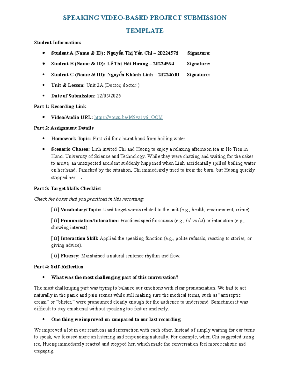 SPEAKING PROJECT SUBMISSION TEMPLATE - UNIT 2A (Doctor, doctor!) - Studocu