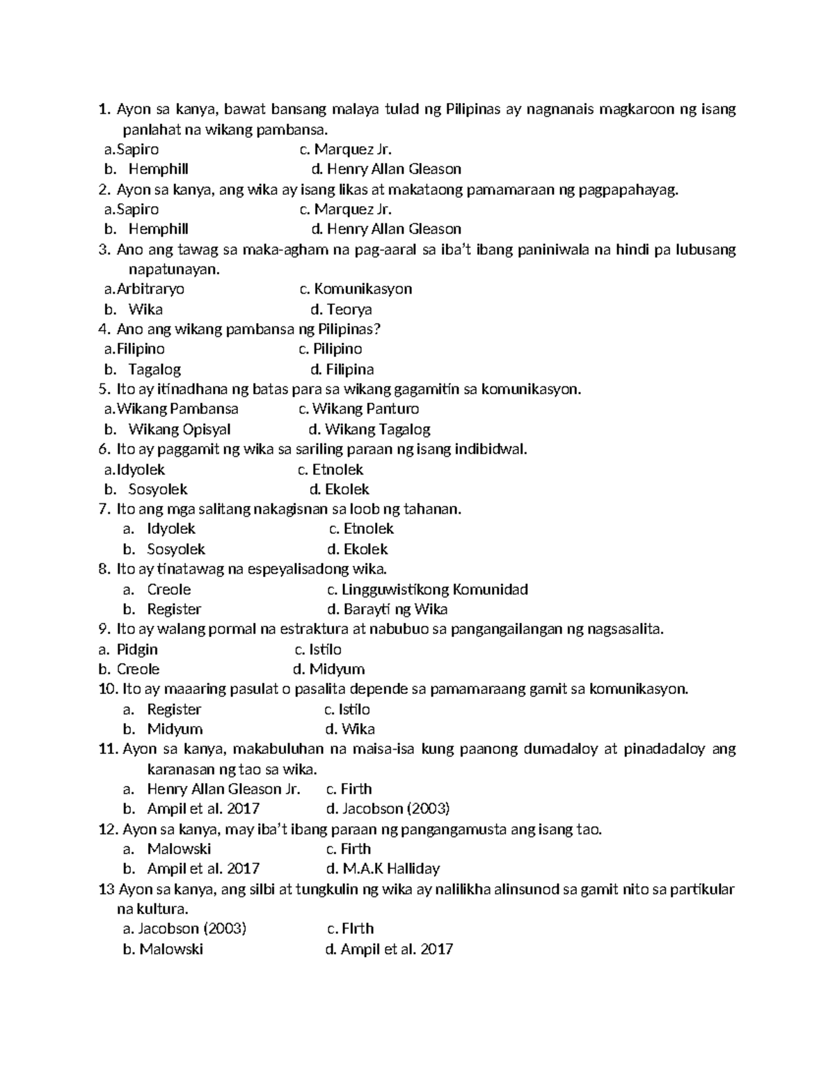 G11 - Mga Katanungan at Sagot sa Wika at Komunikasyon - Studocu