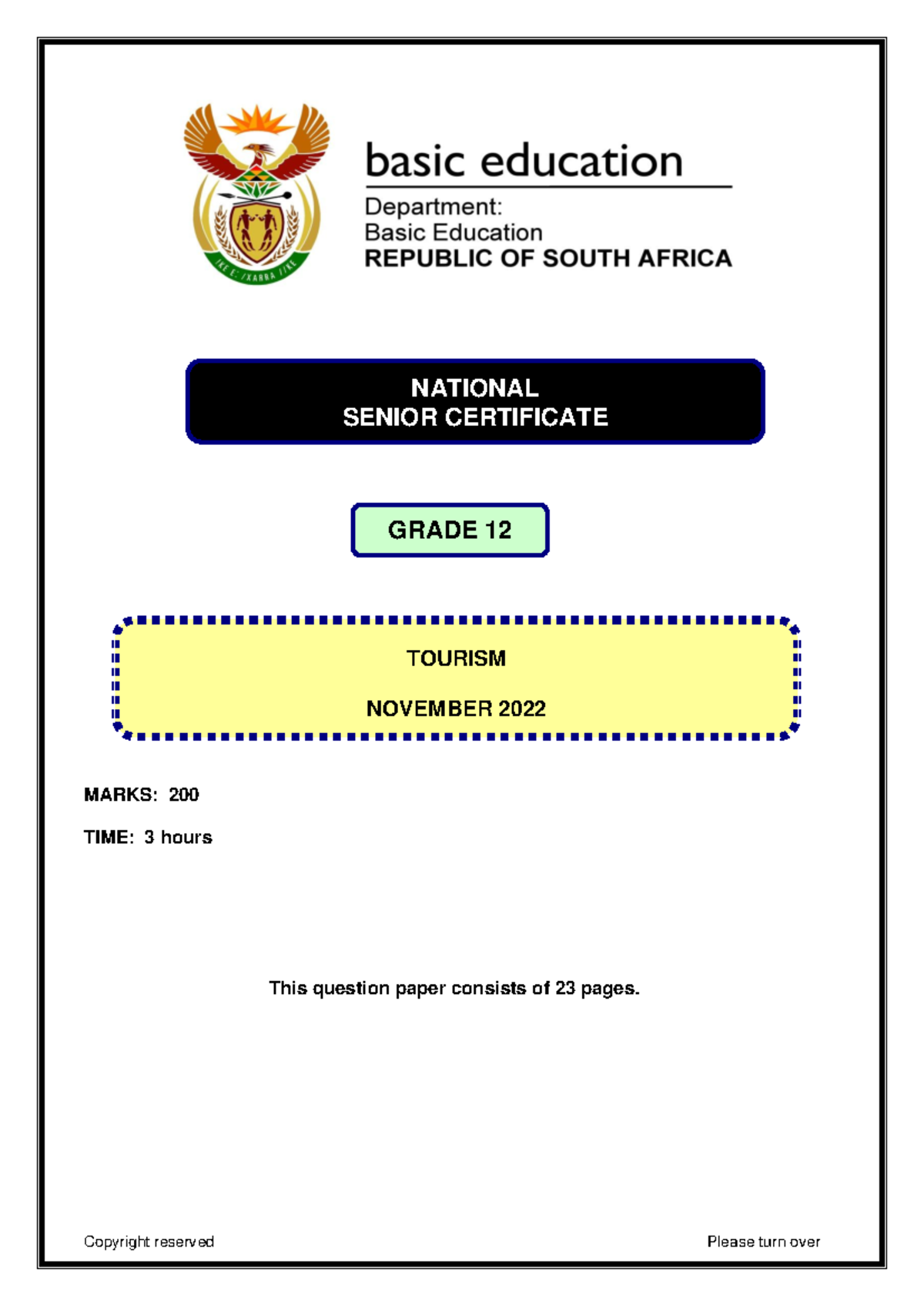 Grade 12 National Senior Certificate Tourism Nov 2022 Exam Paper - Studocu