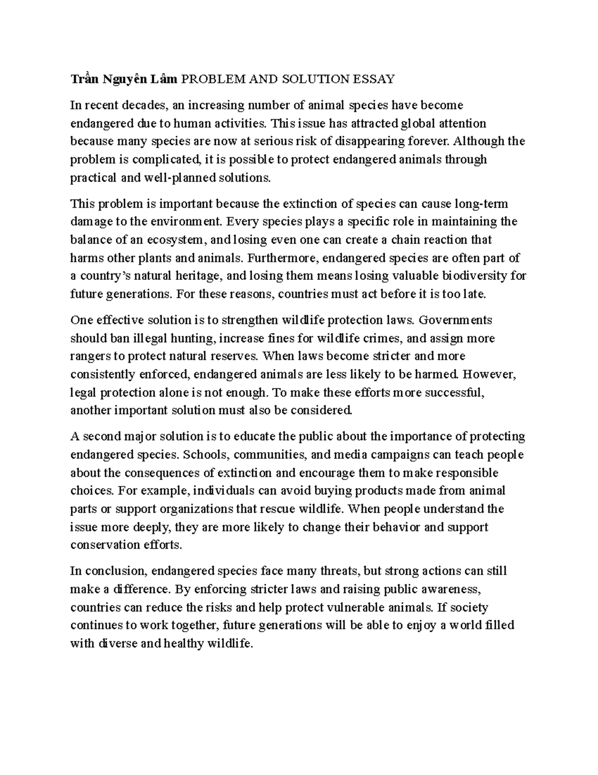 Trần Nguyên Lâm Endangered Species: Problem & Solutions Essay - Studocu