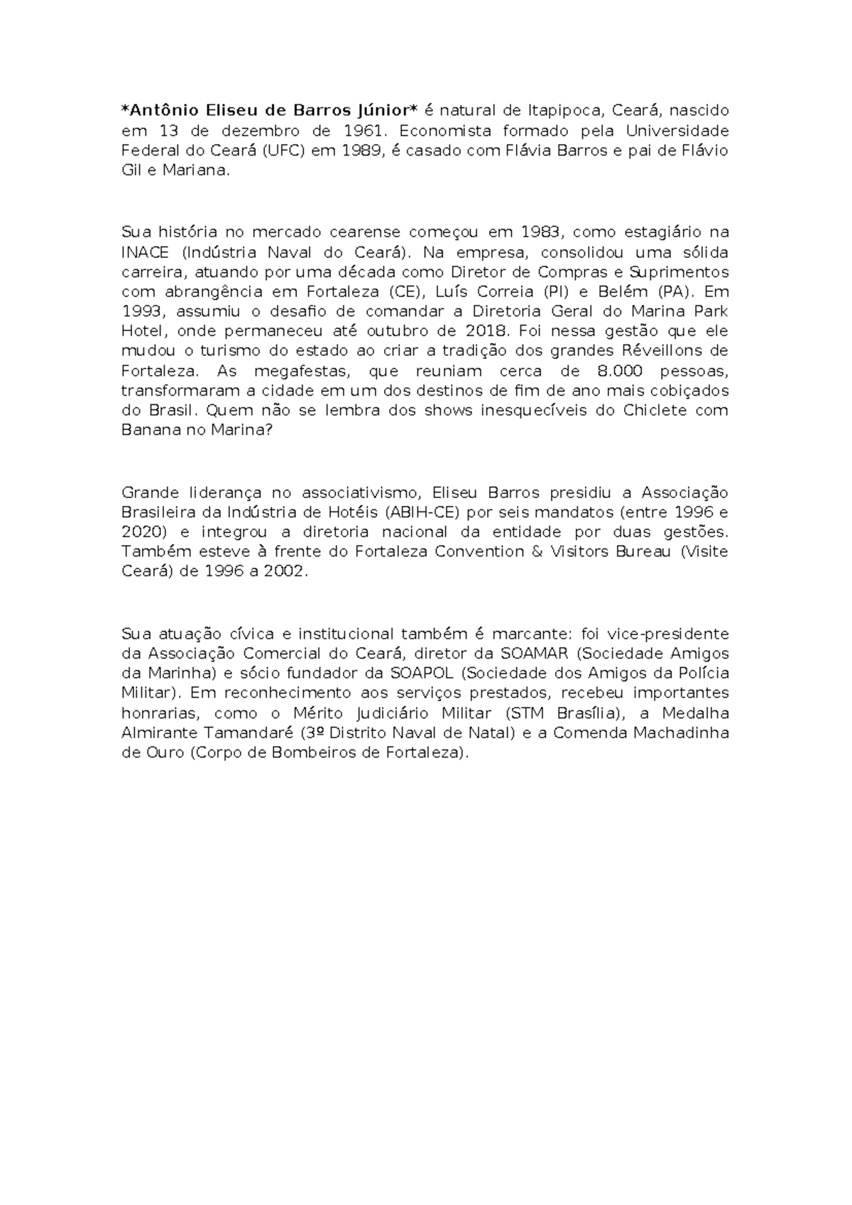 Perfil de Eliseu Barros: Contribuições ao Turismo e Economia CE - Studocu