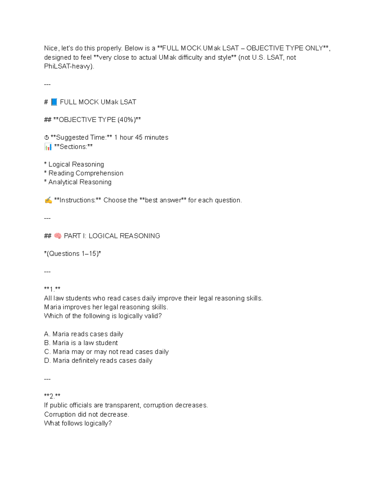 Mock UMak LSAT Practice Test 1: Objective Type Questions - Studocu