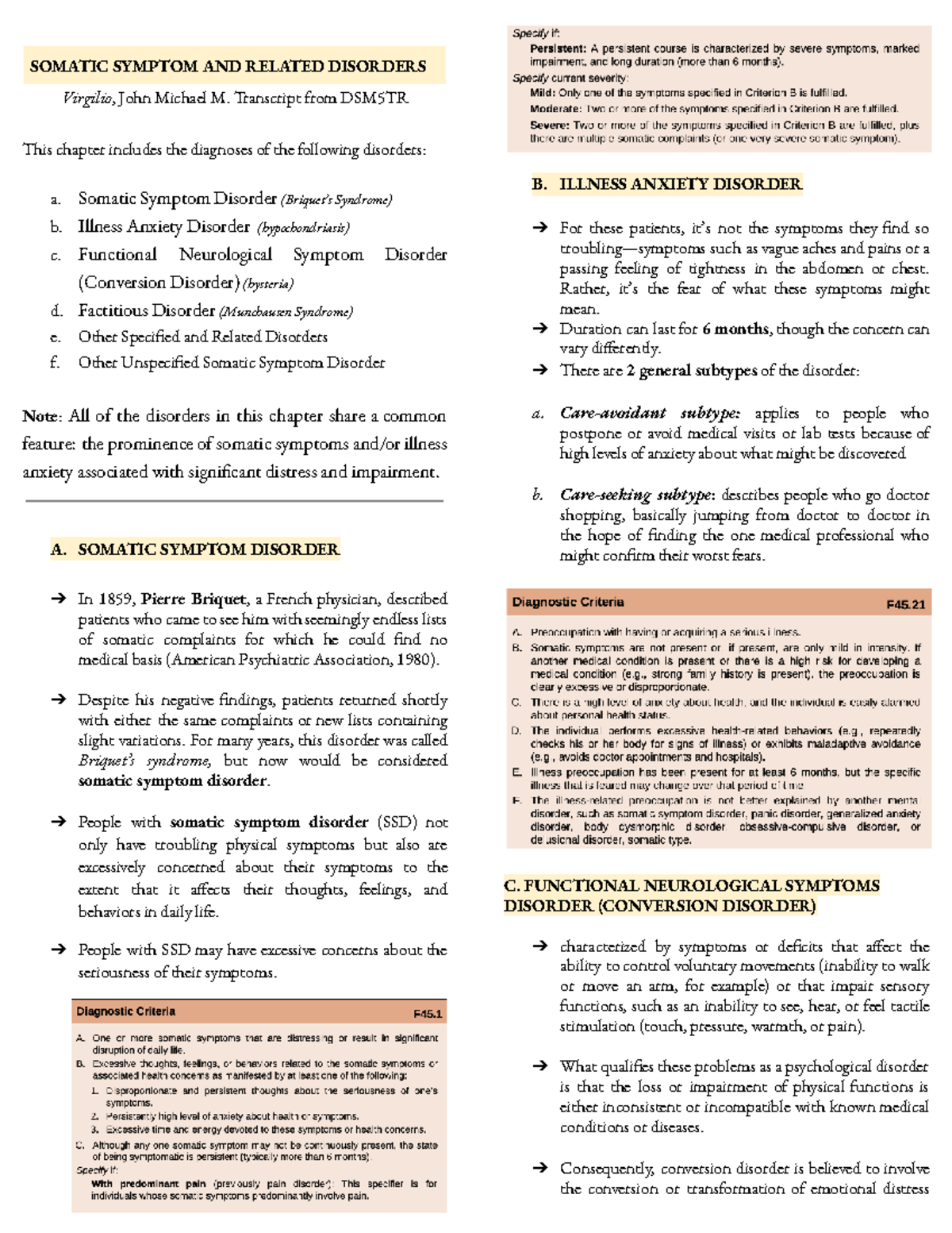 SOMATIC AND DISSOCIATIVE DISORDERS: DSM5TR Overview - Studocu
