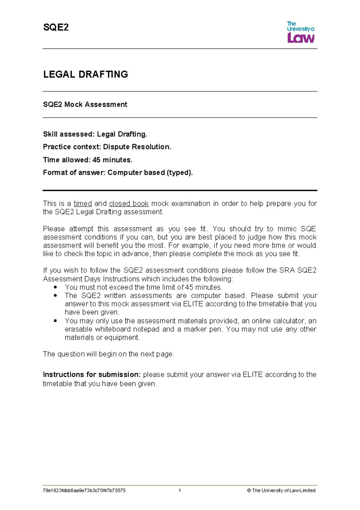 SQE2 CE02 Mock Assessment: Legal Drafting Practice - Dispute Resolution ...