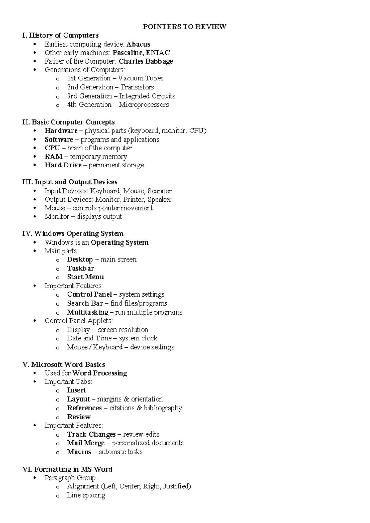 Midterm Review Pointers: History & Basics of Computers - Studocu