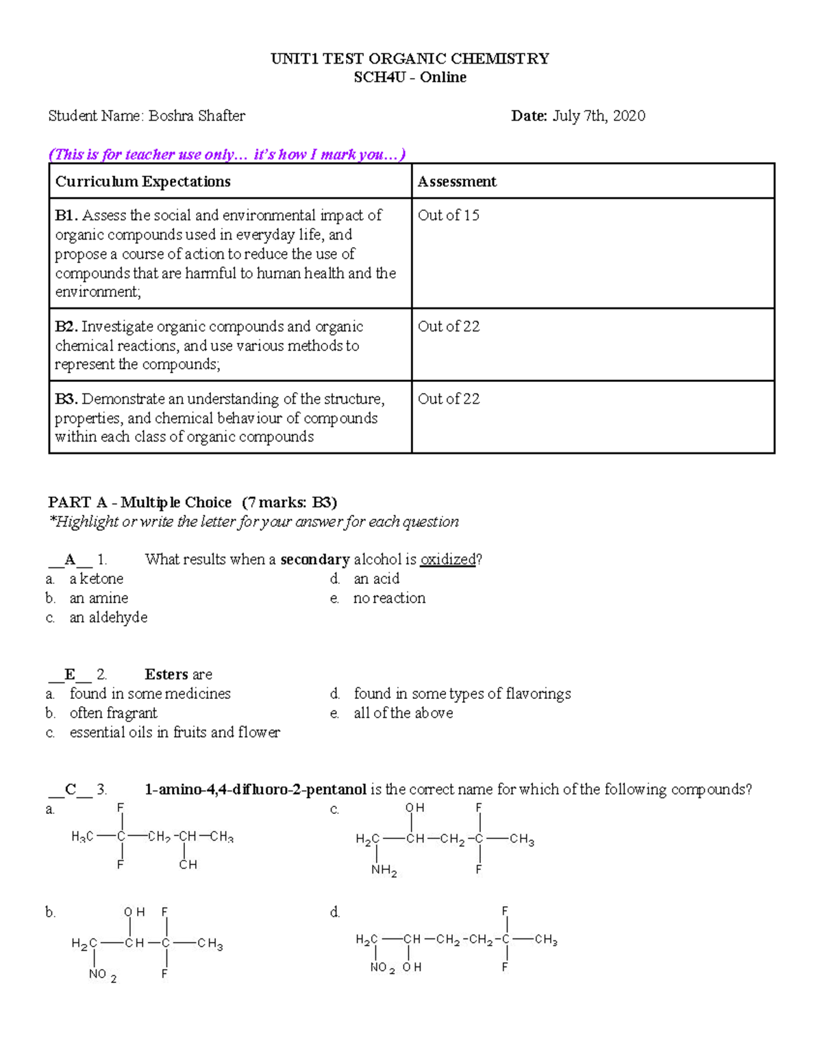 Copy of SCH4U UNIT 1 TEST Organic Chemistry Bolzon - UNIT1 TEST ORGANIC ...