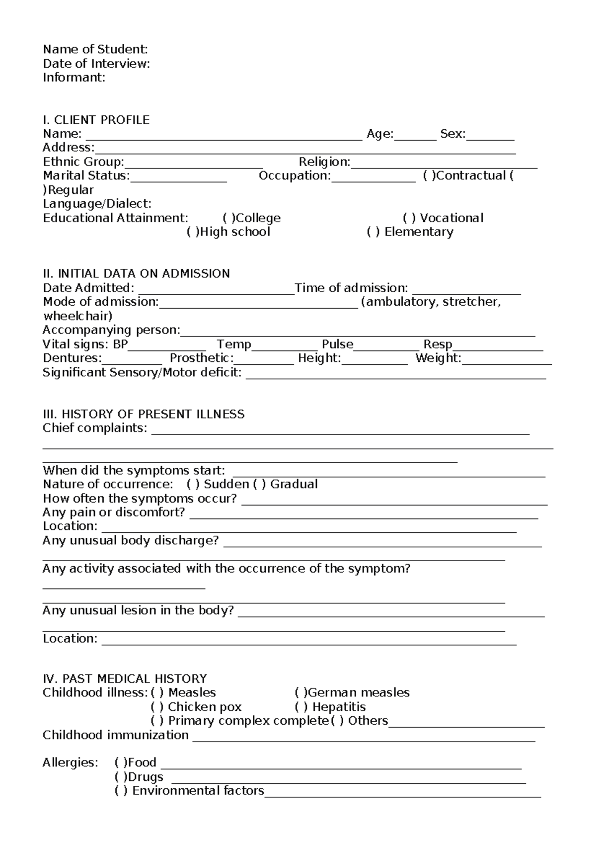 Nursing Health History Interview Template (NUR 101) - Studocu