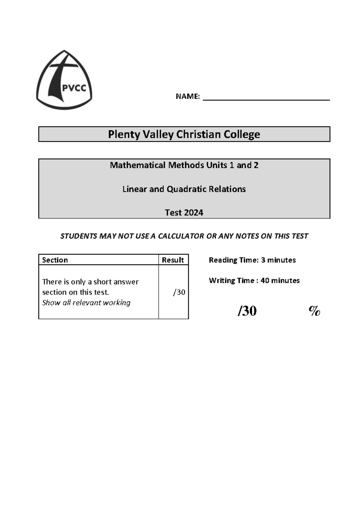 Linear and Quadratic Relations Test (Math Methods Units 1 & 2) - Studocu