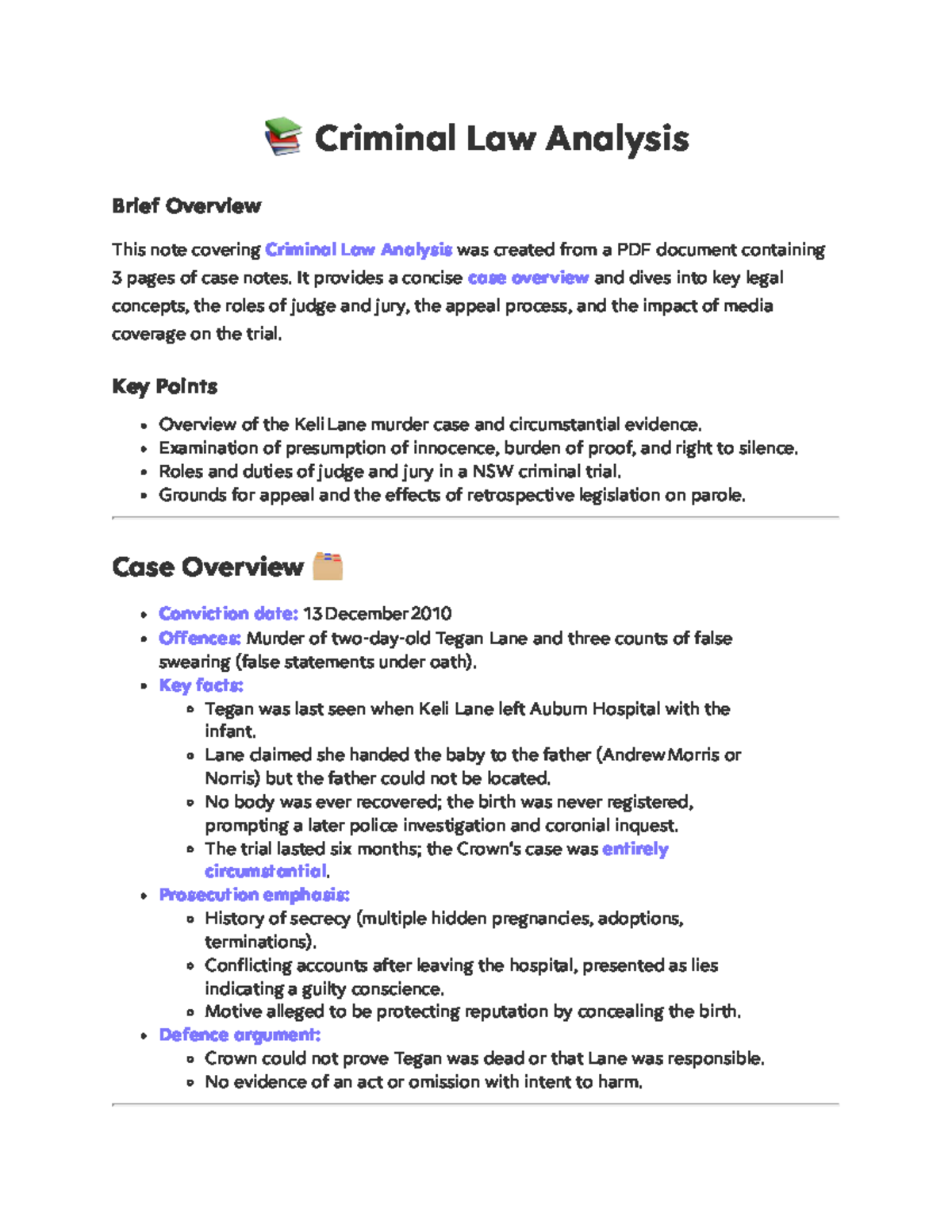 Criminal Law Case Study: Keli Lane Overview & Key Concepts - Studocu