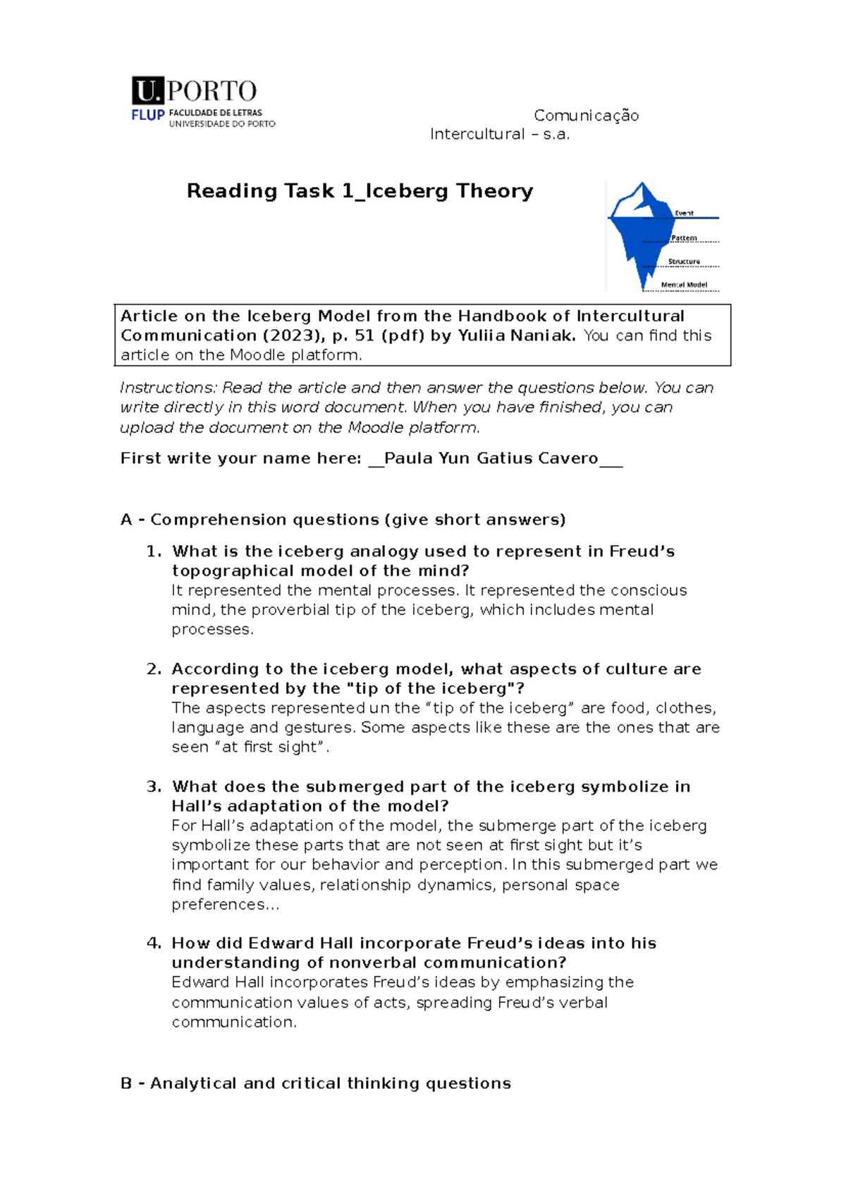 Reading Task 1 Iceberg - Comunicação Intercultural – s. Reading Task 1 ...